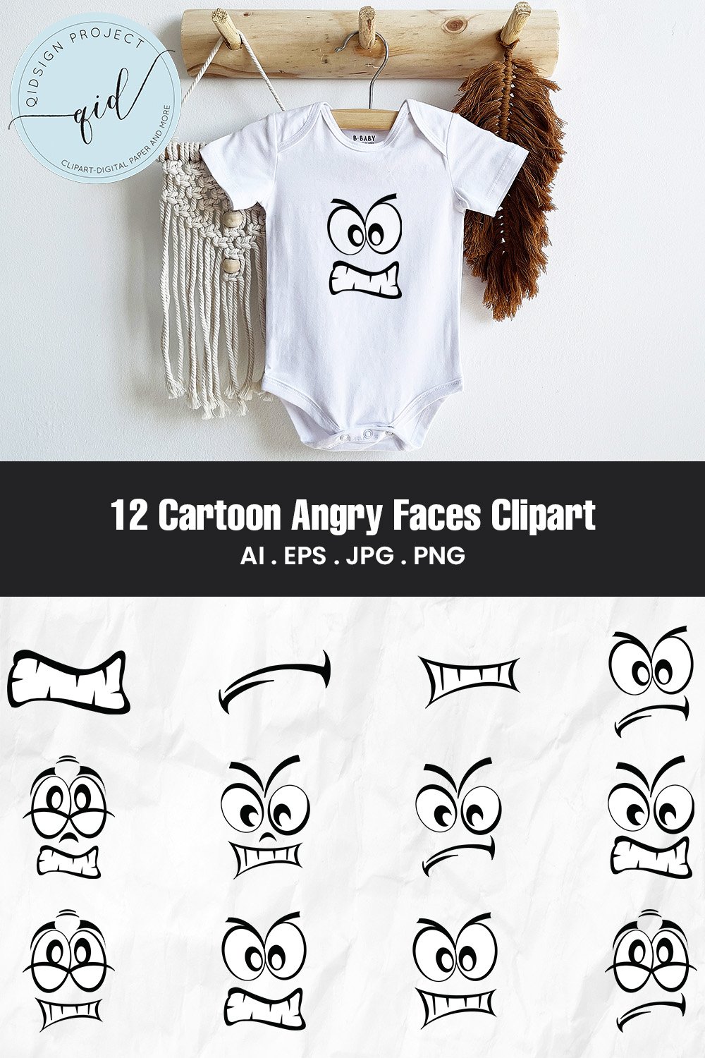Cartoon Angry Faces Clipart, 12 Variations