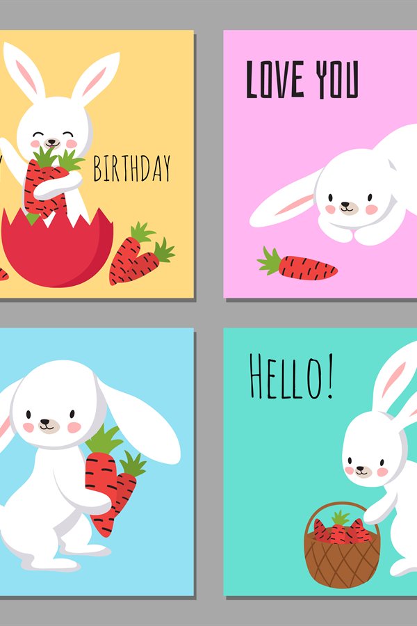 Printable cards with cartoon character bunnies with carrots