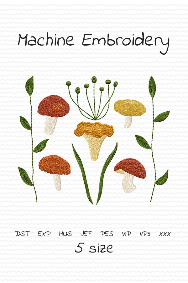 Autumn forest mushrooms, fall leaves - Embroidery Design
