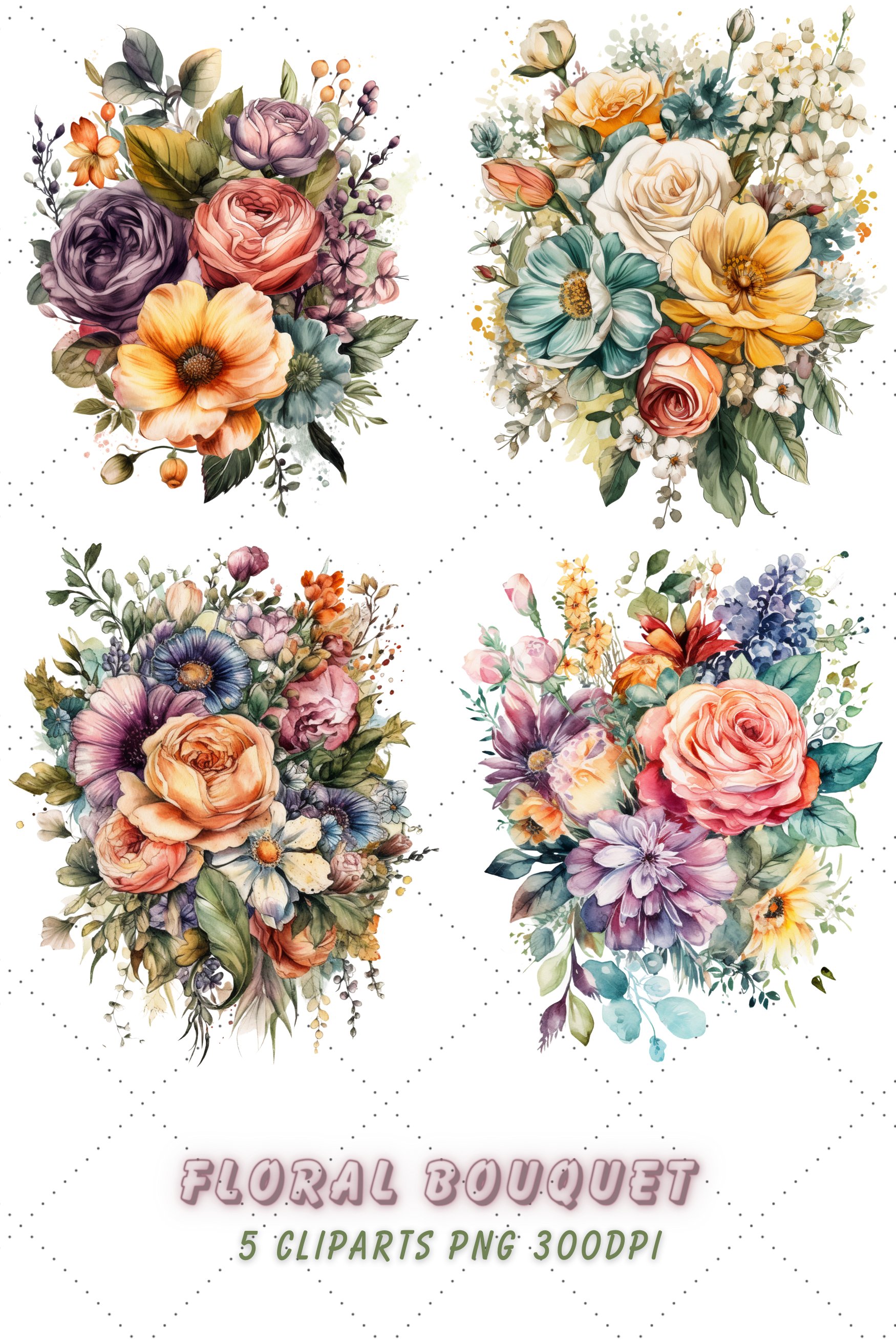 Watercolor White Floral Bouquet Clipart Bundle, Sublimation