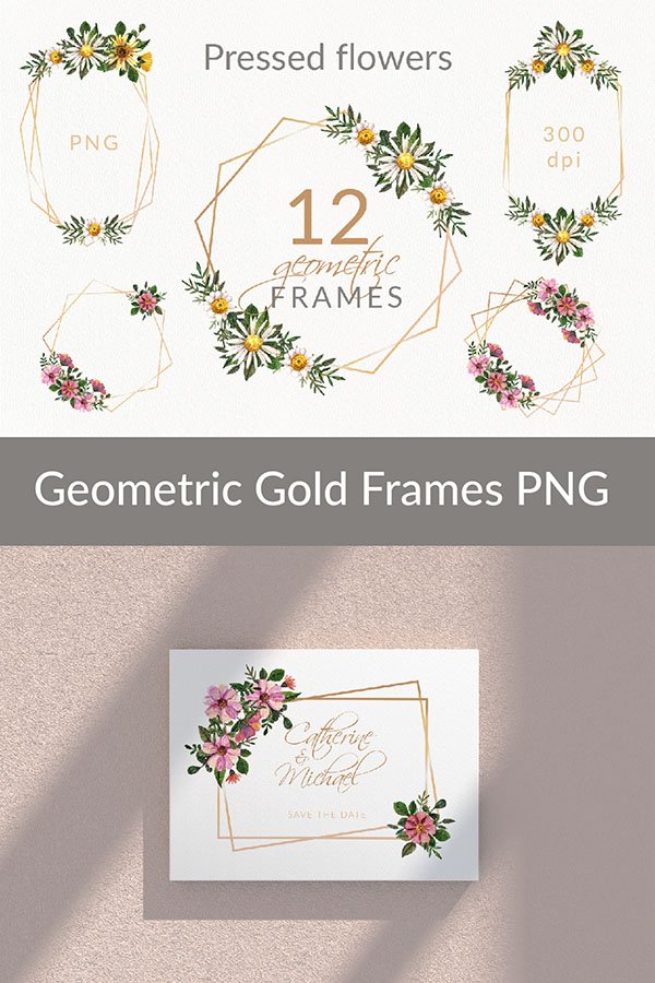 Elegant wedding geometric golden watercolor flower frames