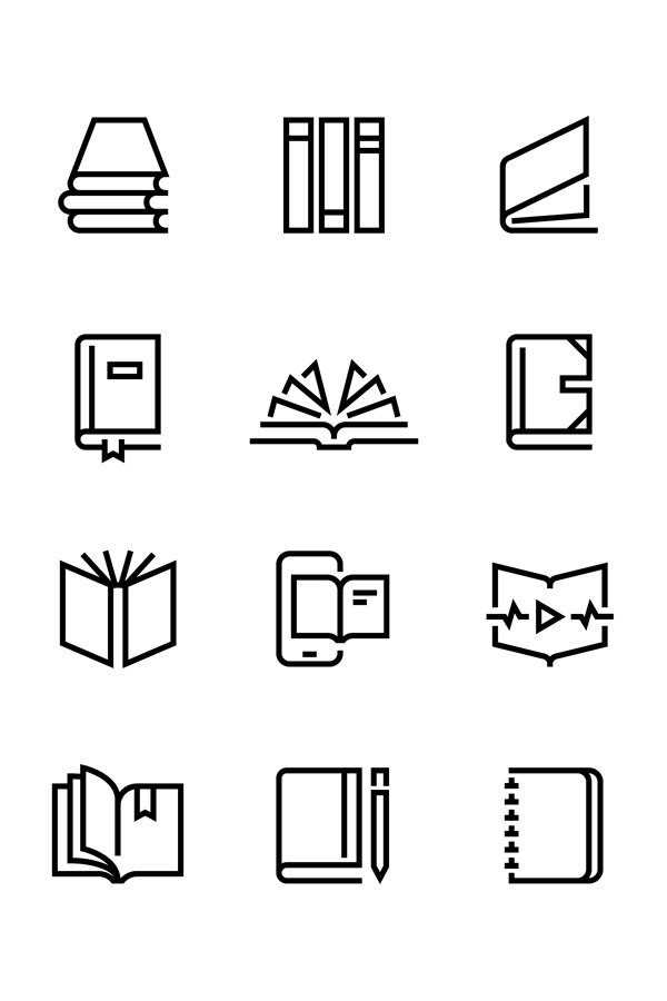 Book line icons. Open magazine, library education set, books