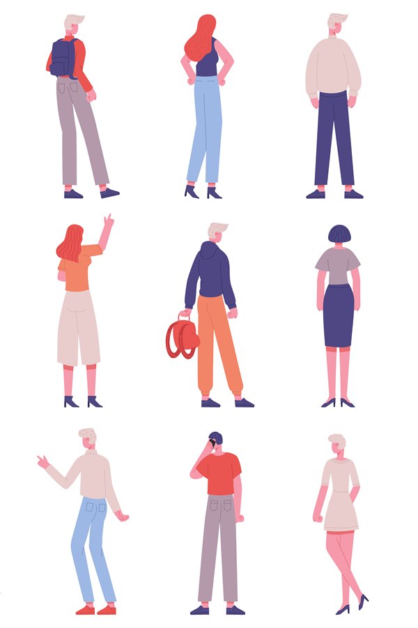People back view. Male and female characters from back side