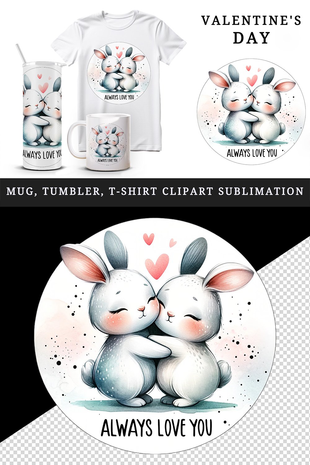 Valentine's Day rabbits tumbler mug wrap clipart sublimation