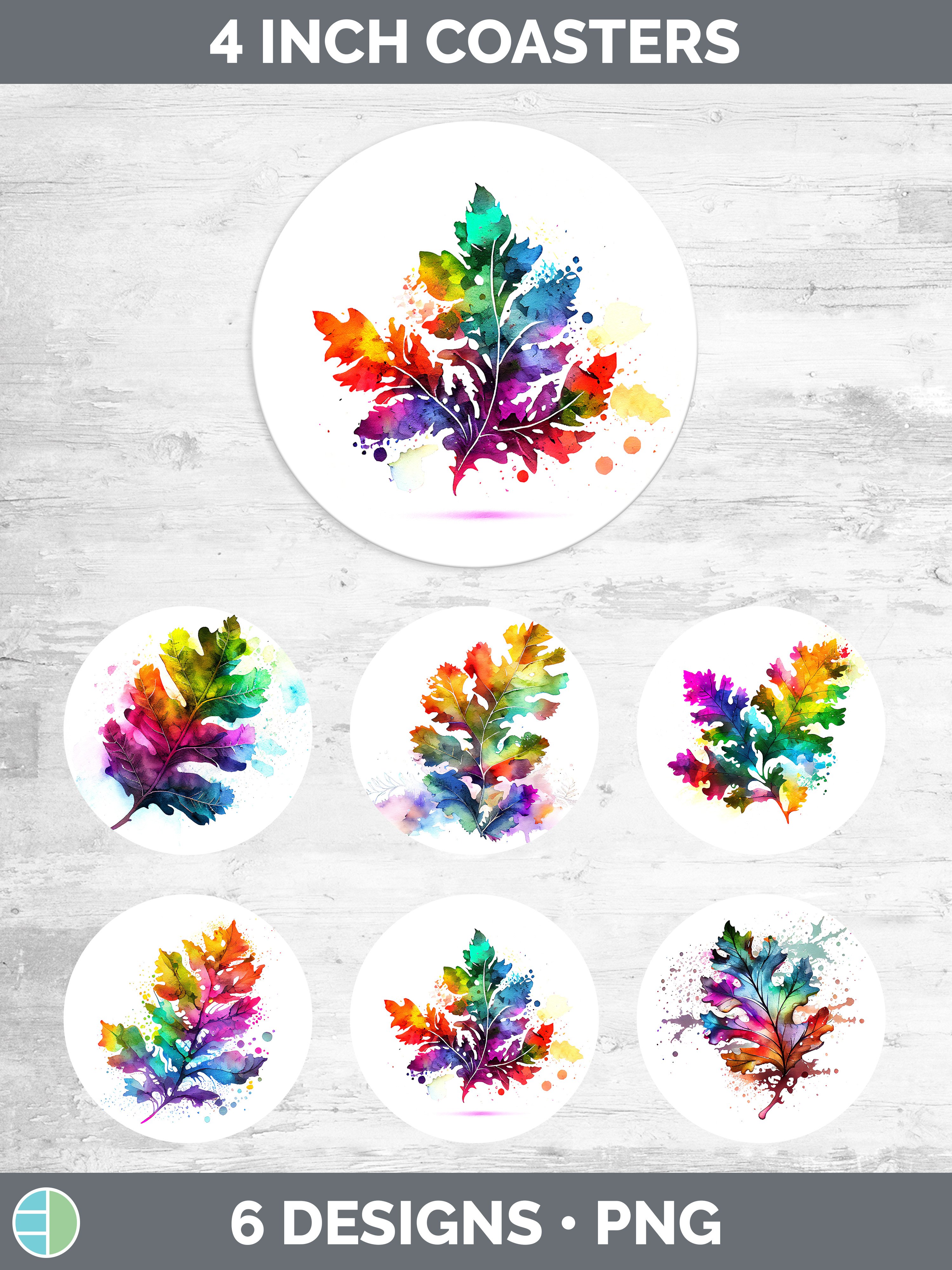 Rainbow Oak Leaves Round Coaster | Sublimation Coaster Desig