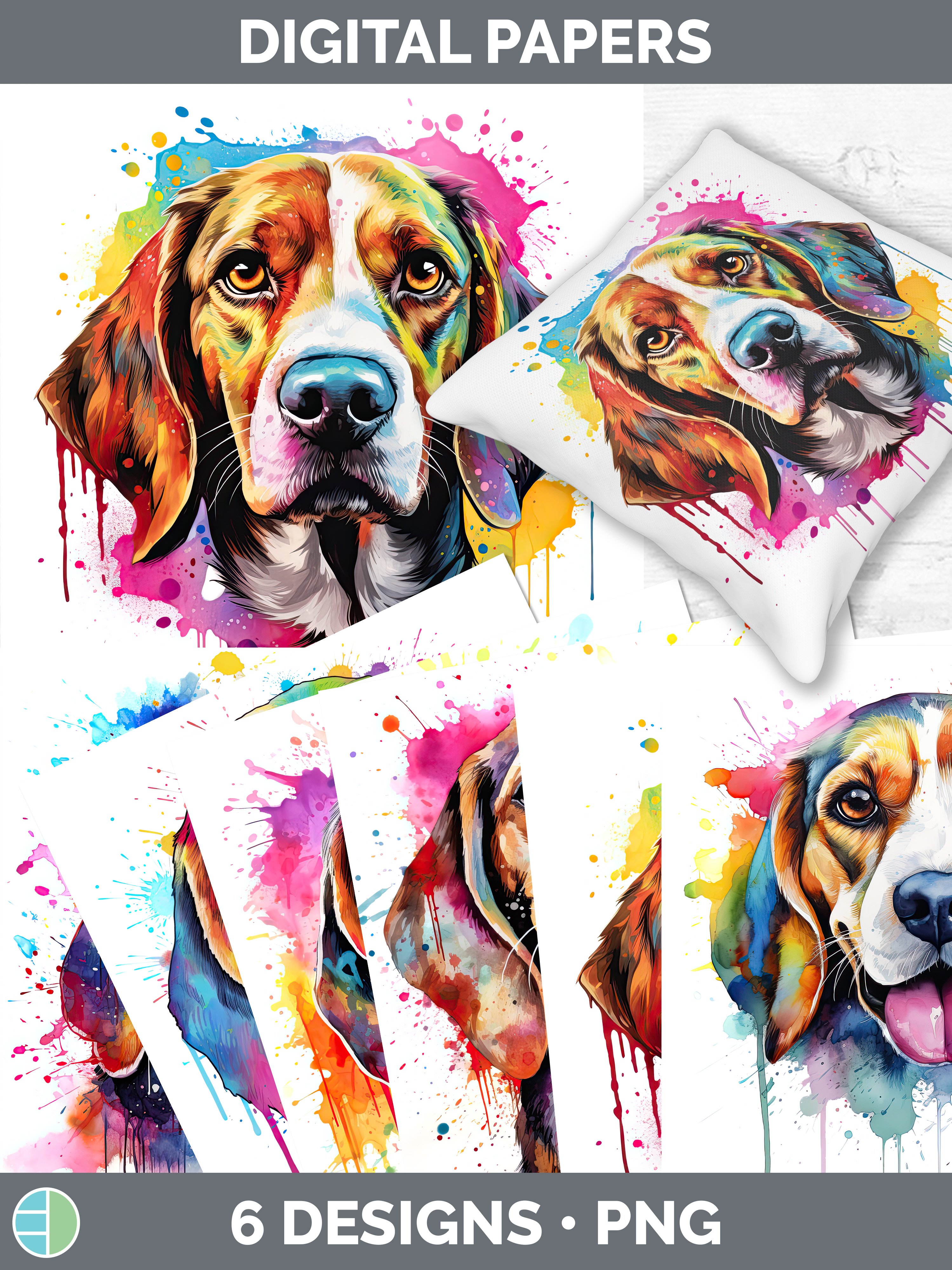 Splat Rainbow Beagle Dog Paper Backgrounds | Digital Scrapbo