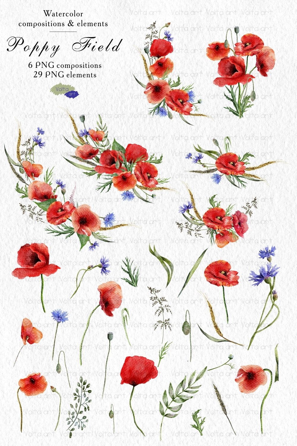 Red Poppy Watercolor compositions, Poppy Bouquets Pastel