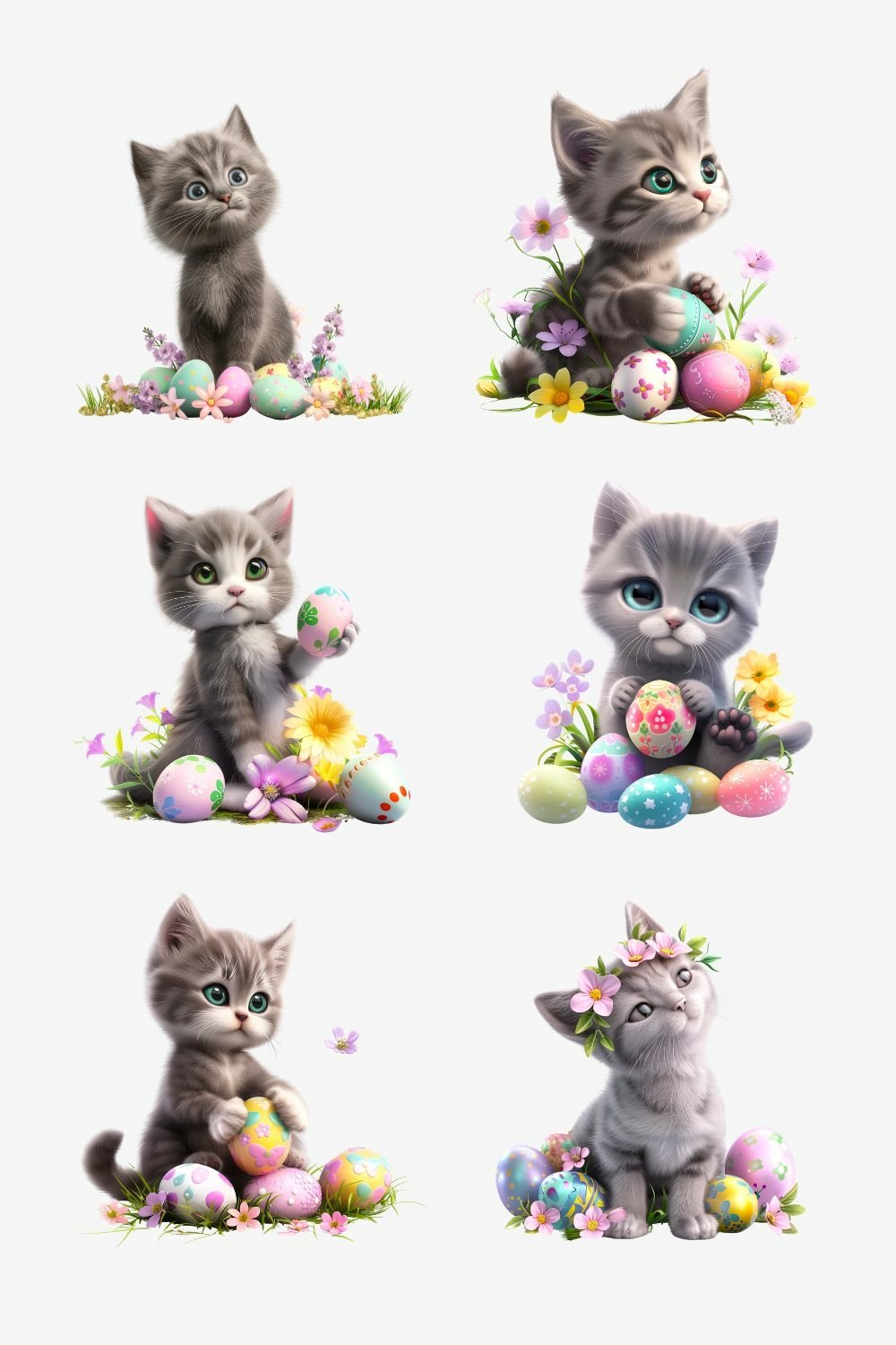 Easter Cat Clip Art PNG with Watercolor Flowers & Easter Egg