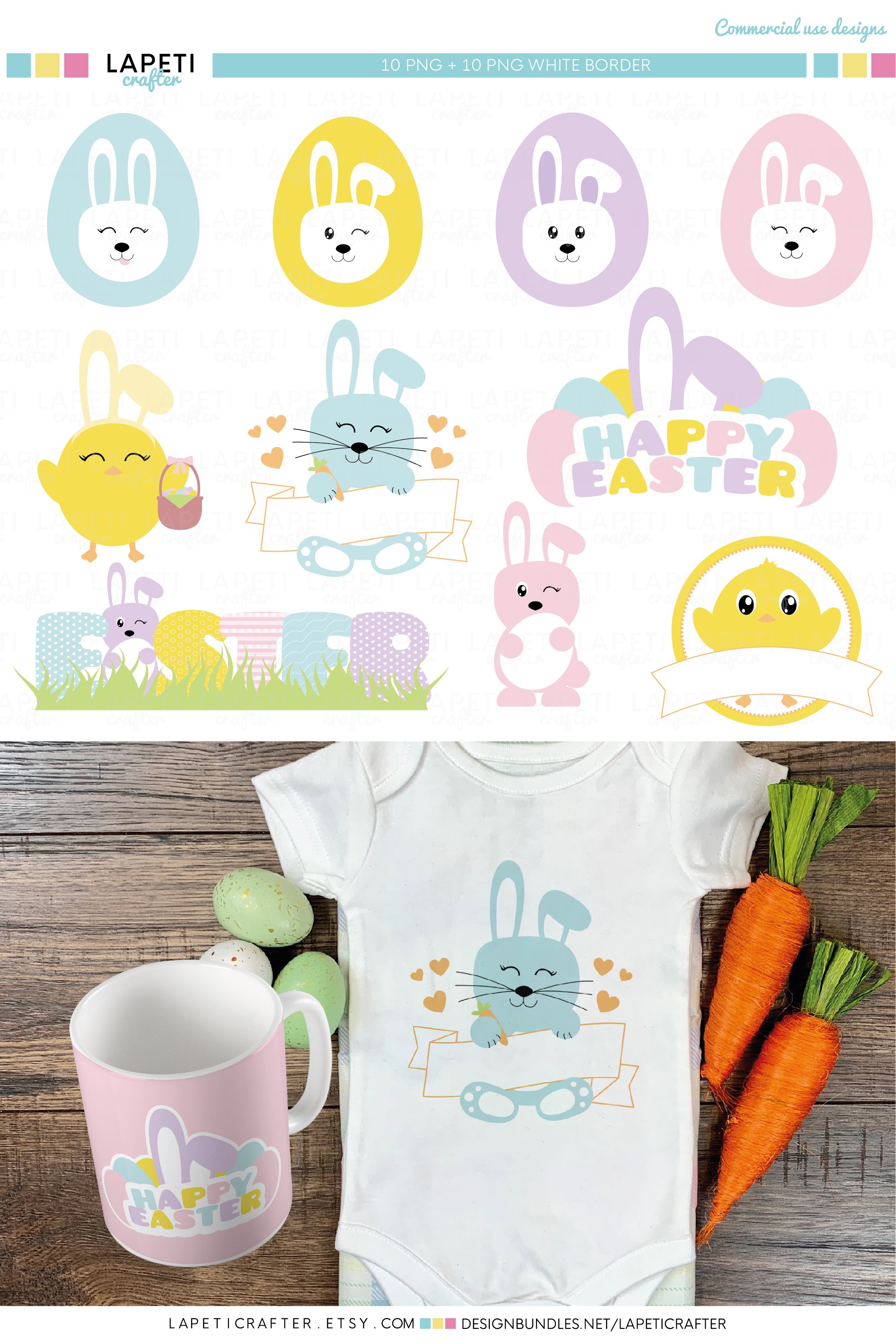 Pastel Easter Graphics - Kawaii Bunny & Chick Illustrations