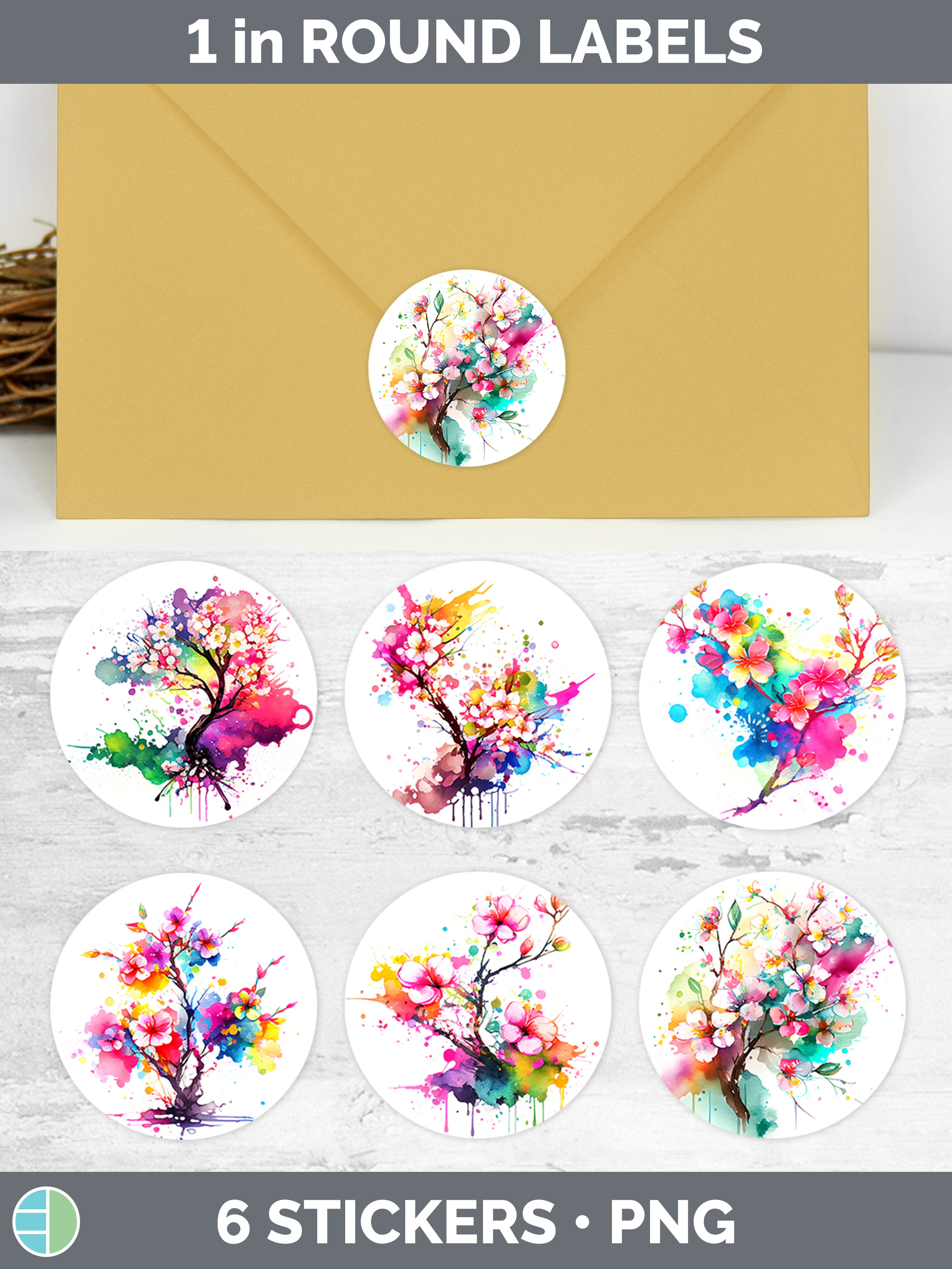 Rainbow Cherry Blossom Flowers Stickers | Round Labels Desig