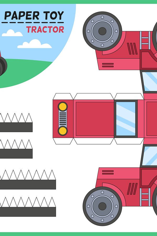 Tractor paper cut toy. Kids handmade educational game printa