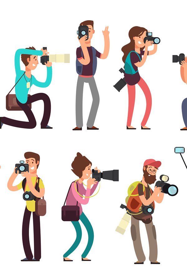 Funny professional photographer with camera taking photo in