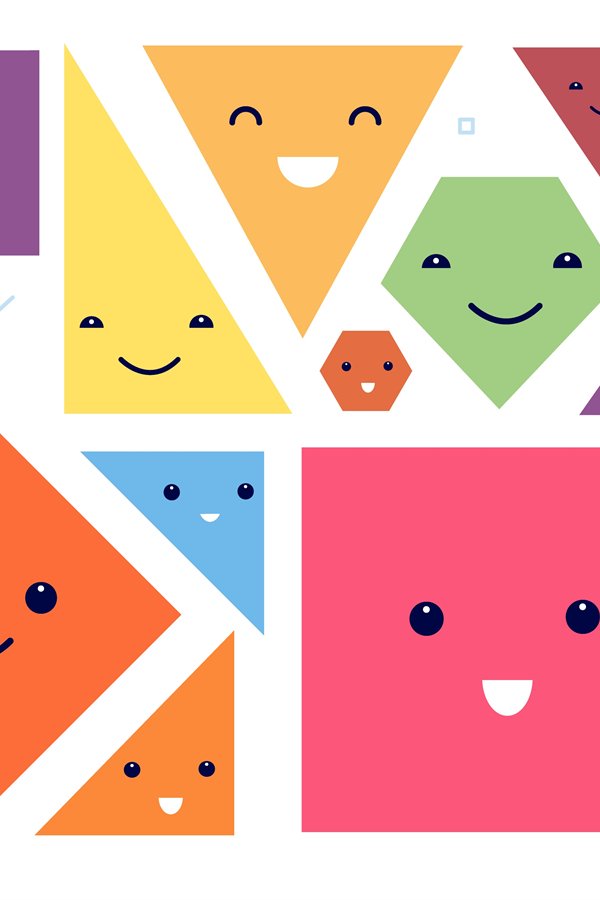 Cute geometric faces. Isolated polygon face with eyes and em