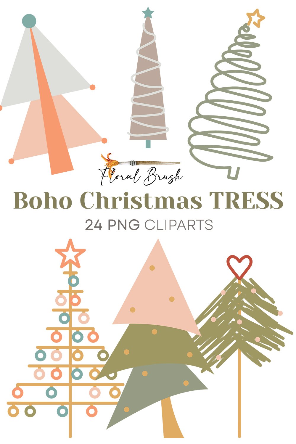 Boho Hand Drawn Christmas Trees Clipart