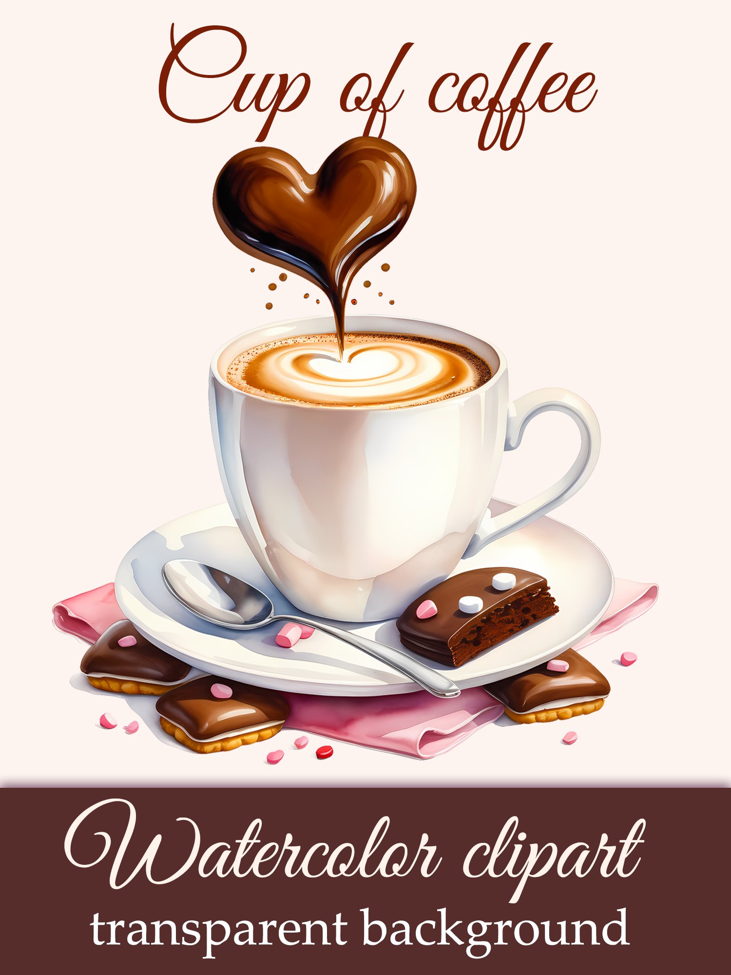 Watercolor coffee cup with hearts and chocolate, clipart Png
