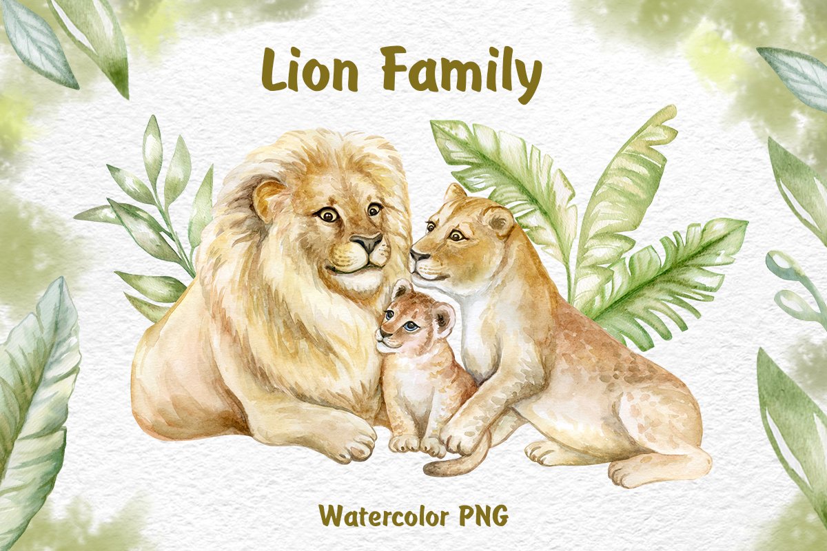 Lion Family. Lions. Watercolor clipart
