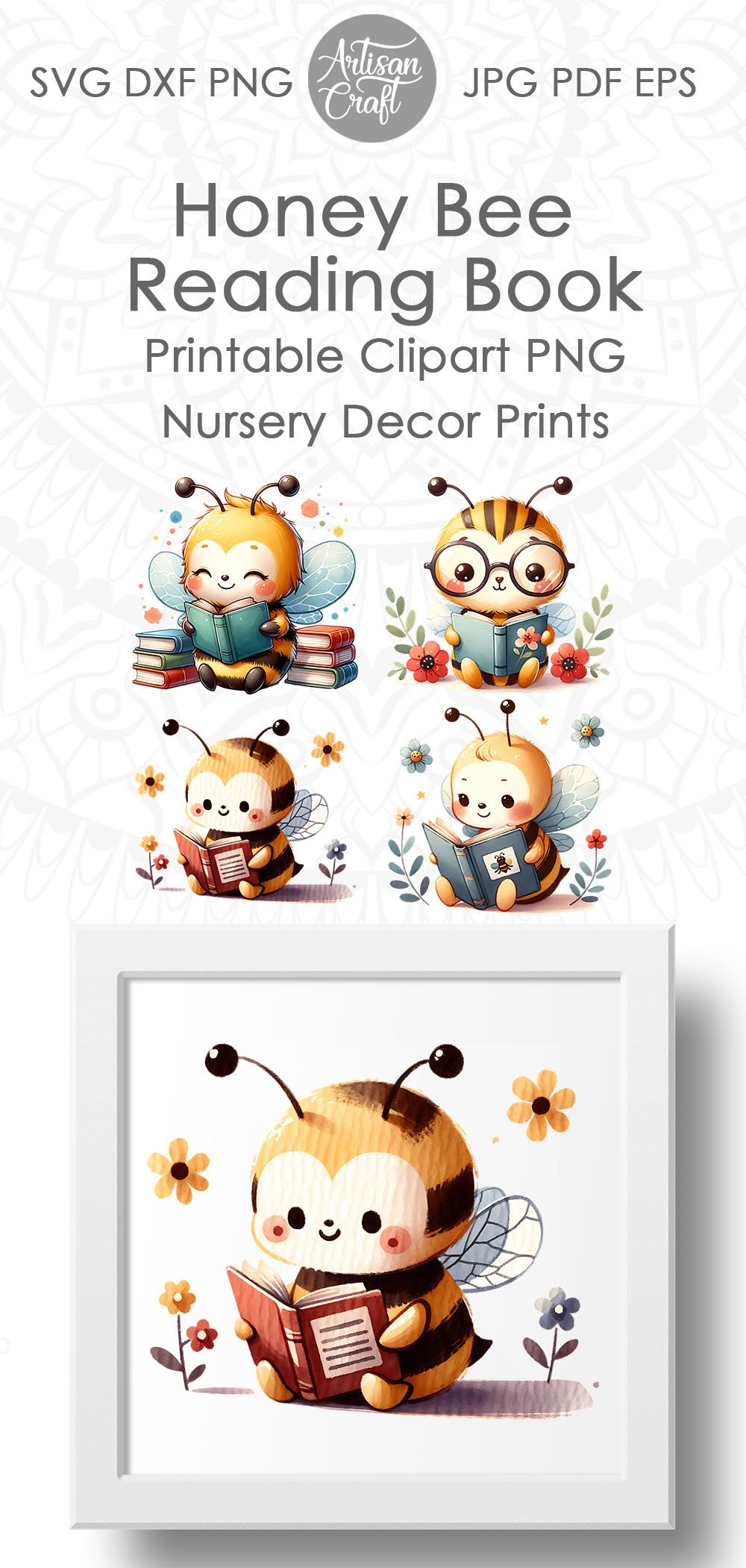 Watercolor honey bee clipart | book reading