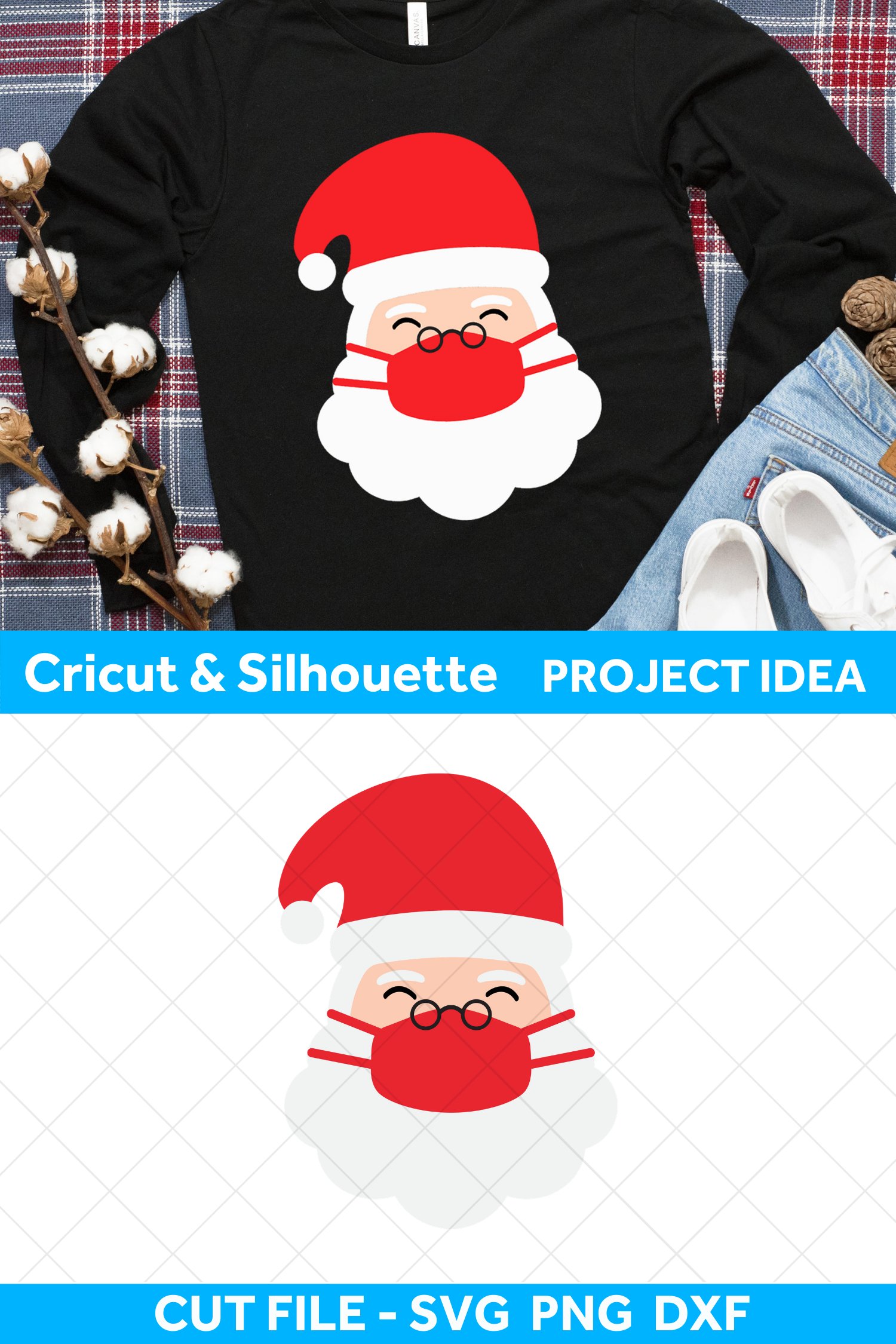 Santa Face SVG file with Mask, Santa Wearing a Mask Cut File