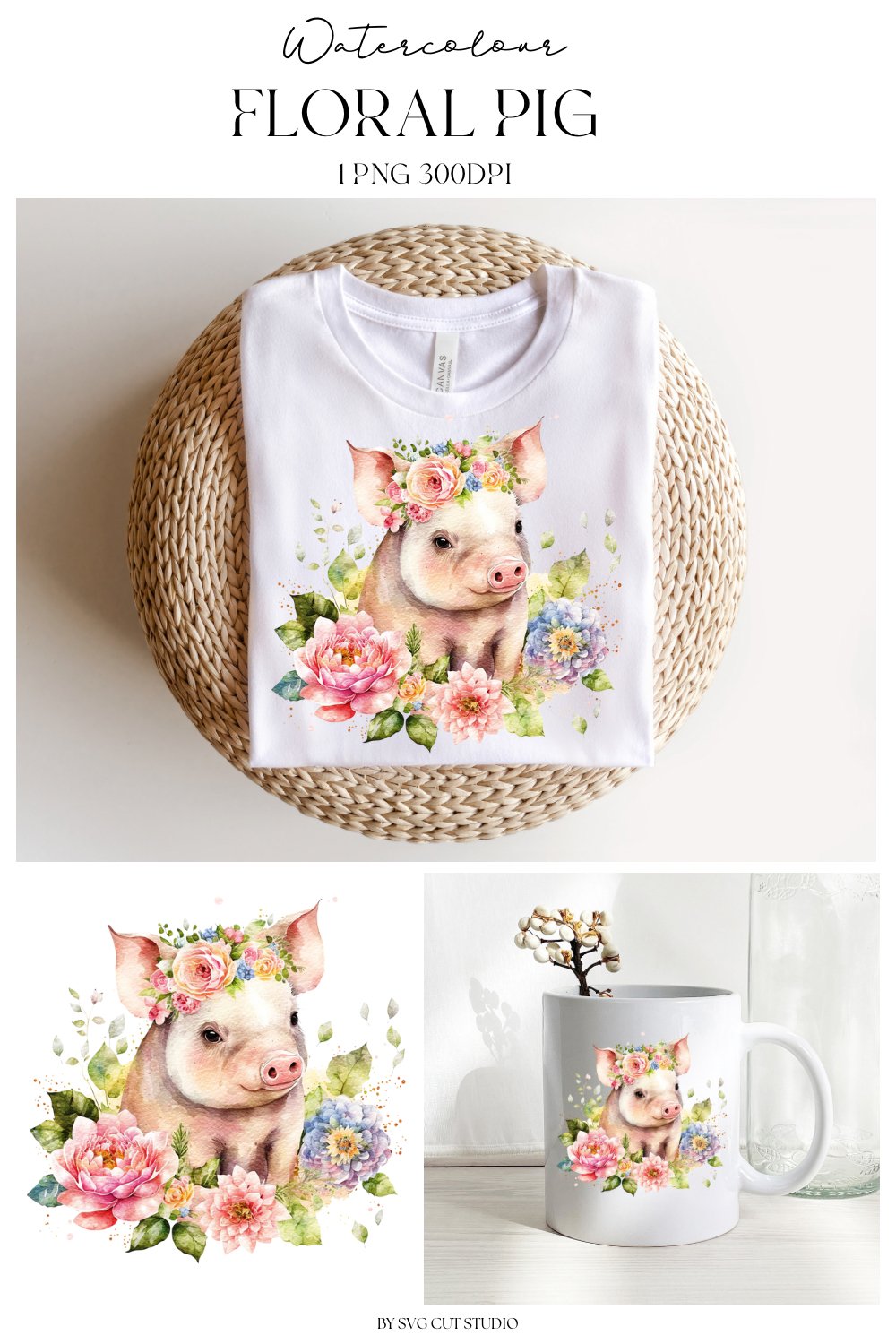 Watercolour Floral Baby Pig sublimation PNG Nursery Clipart
