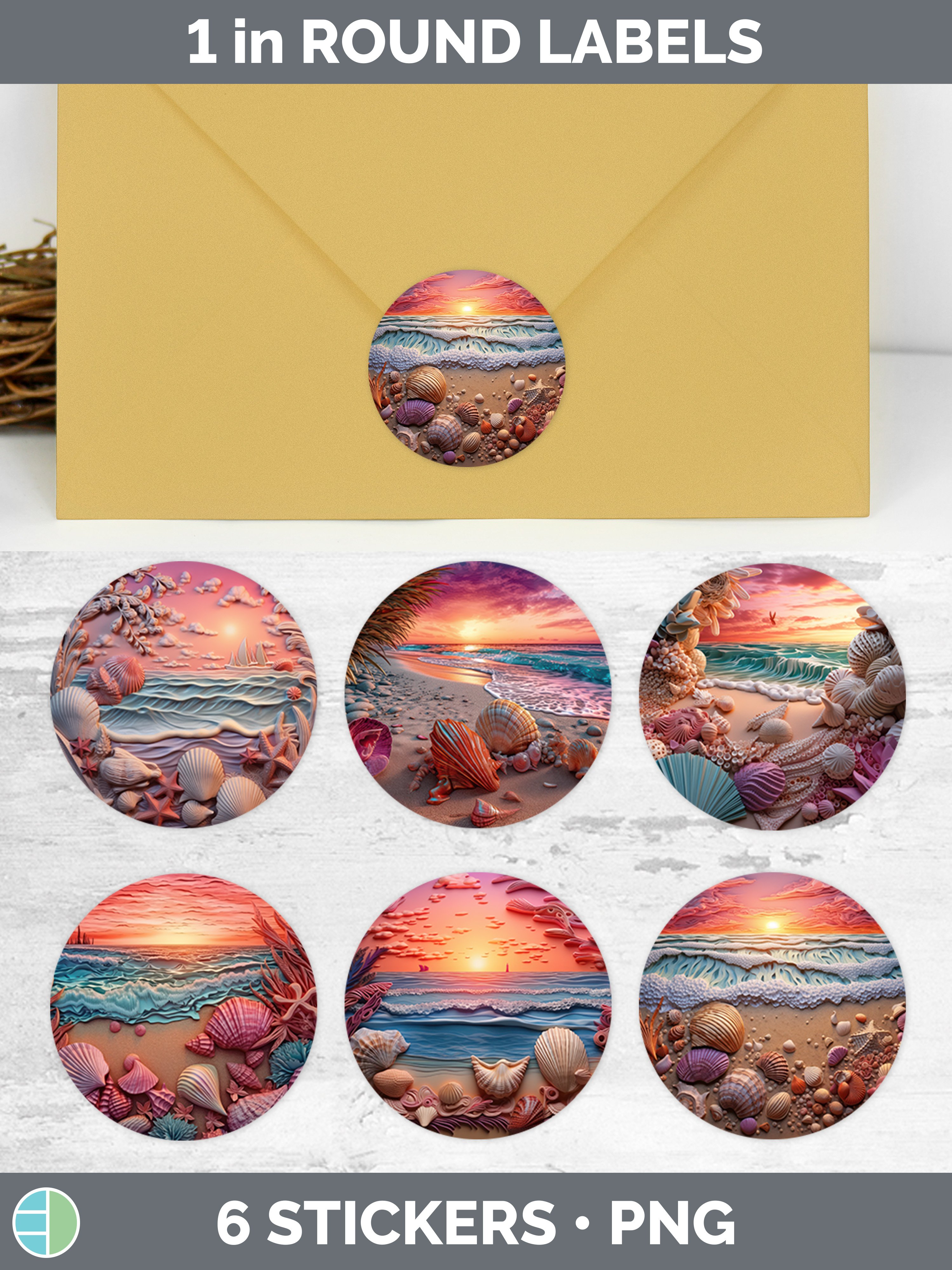 3D Seashell Beach Stickers | Round Labels Designs Bundle