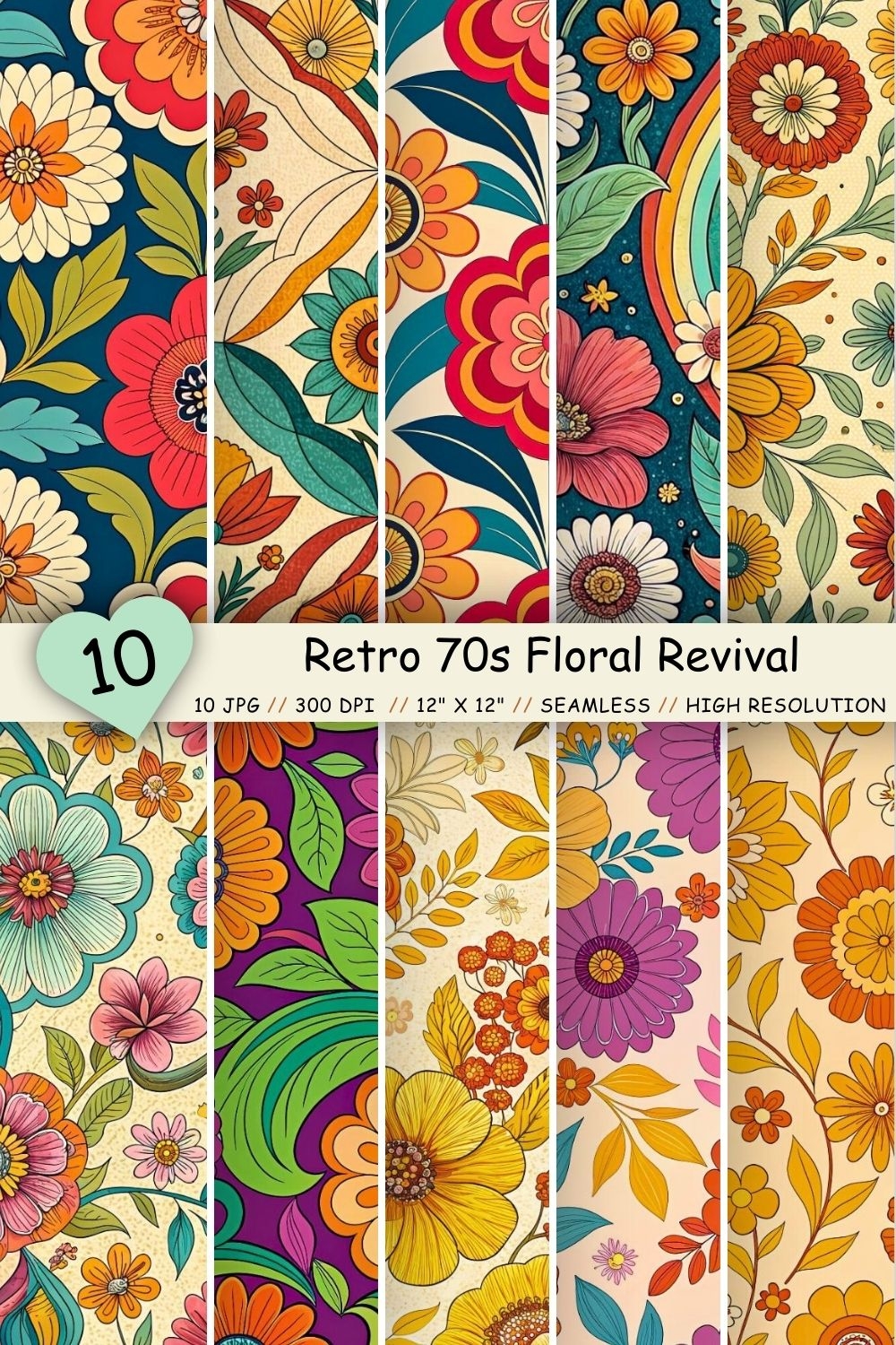 Retro 70s Floral Revival Digital Paper, Seamless Pattern