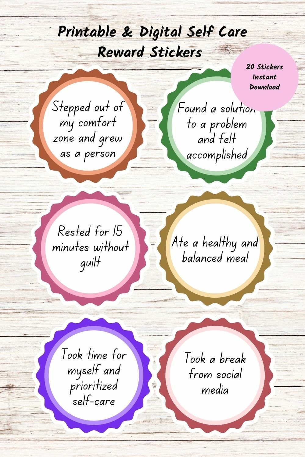 20 Printable and Digital Self Care Reward Stickers PNG