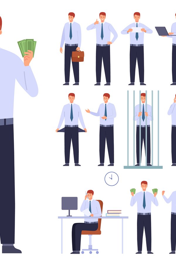 Flat office employee character working poses and gestures. B
