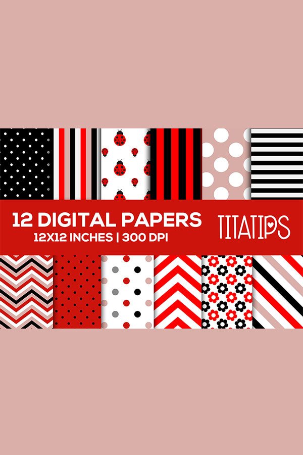 Red Ladybug Digital Papers Set, Flowers Background