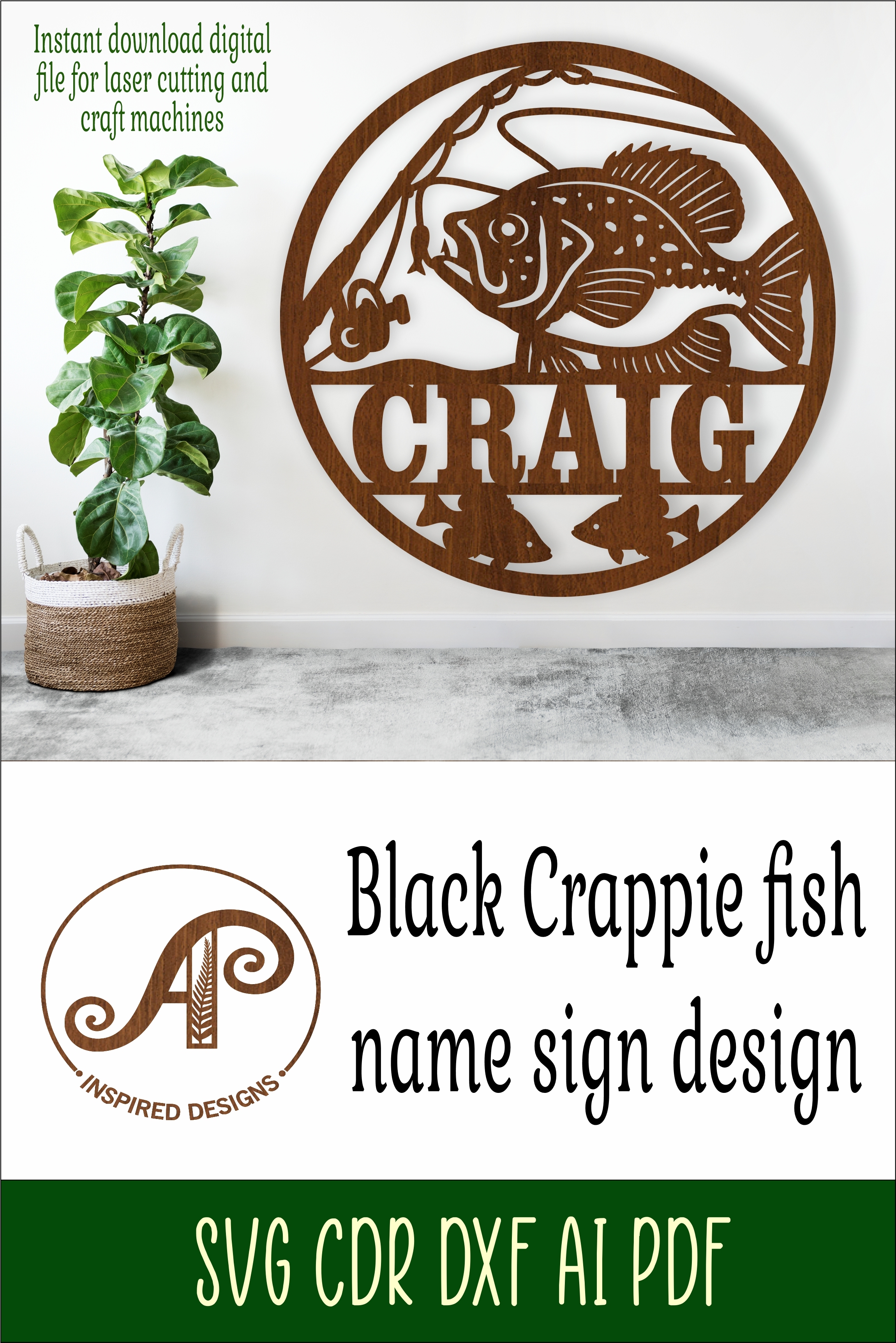 Black crappie fishing name sign svg laser cut template