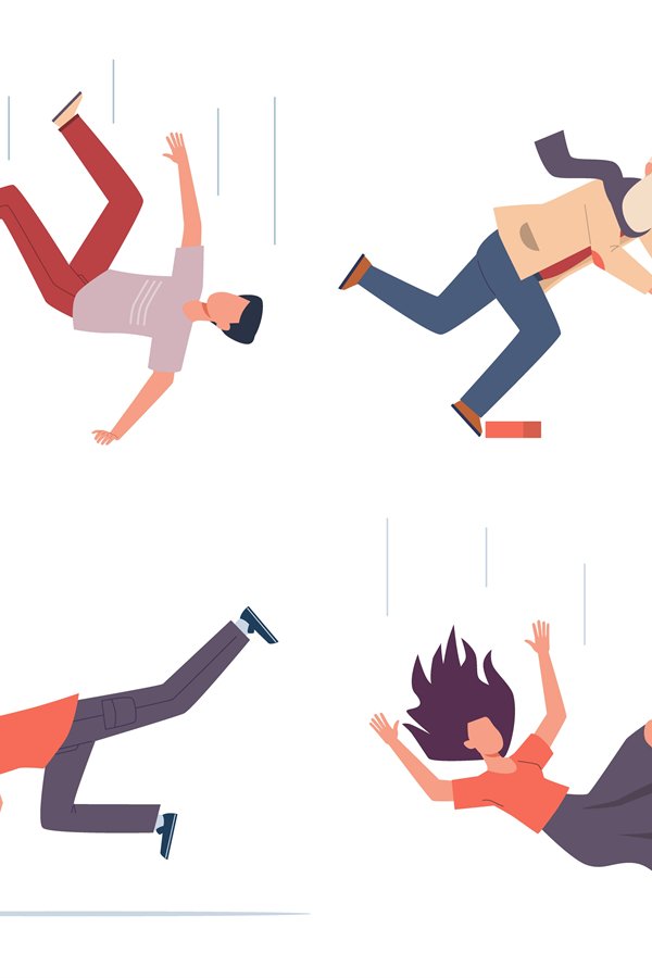 Falling down people. People of different ages stumbling and