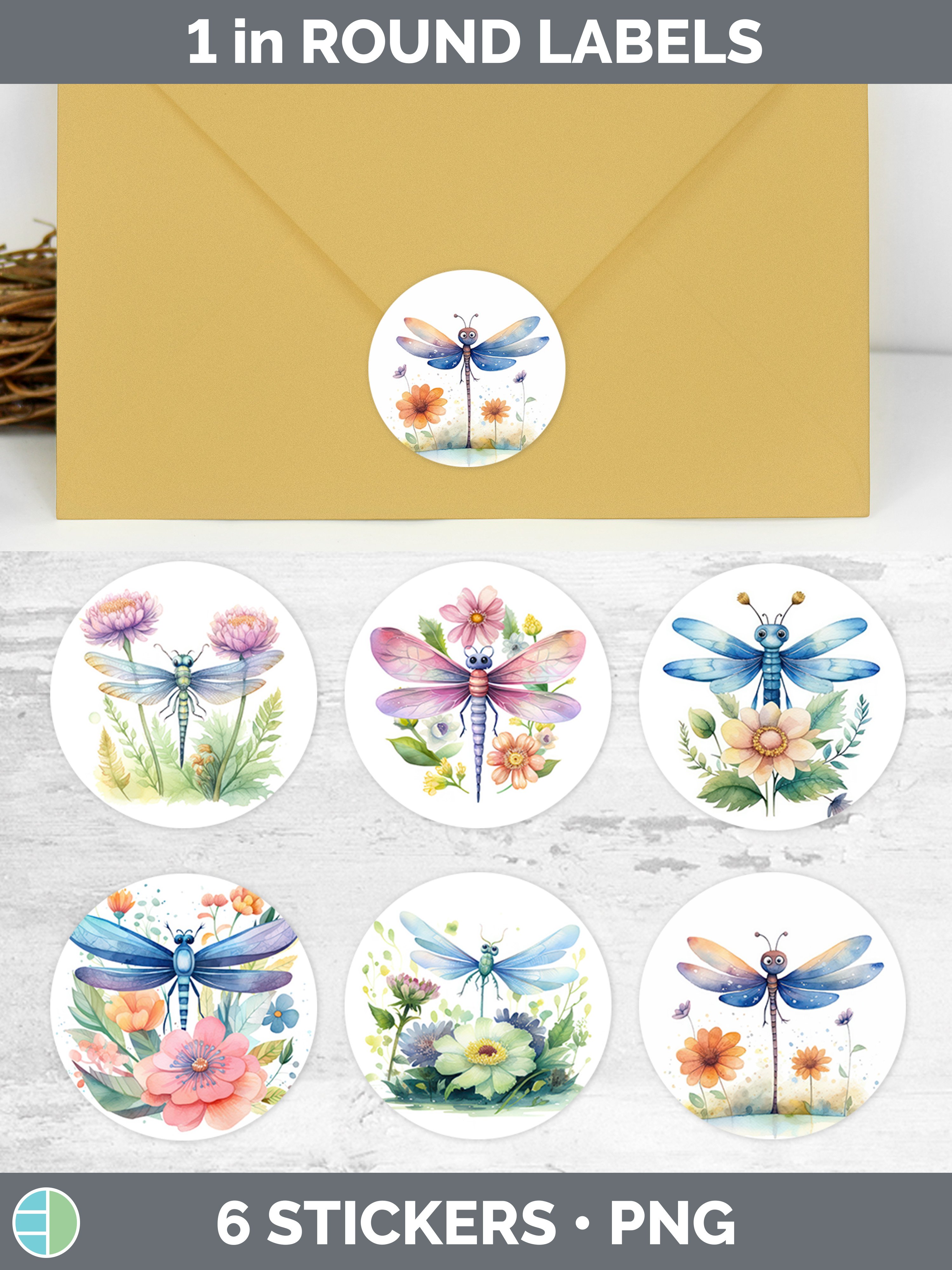 Watercolor Floral Dragonflies Stickers | Round Labels Design