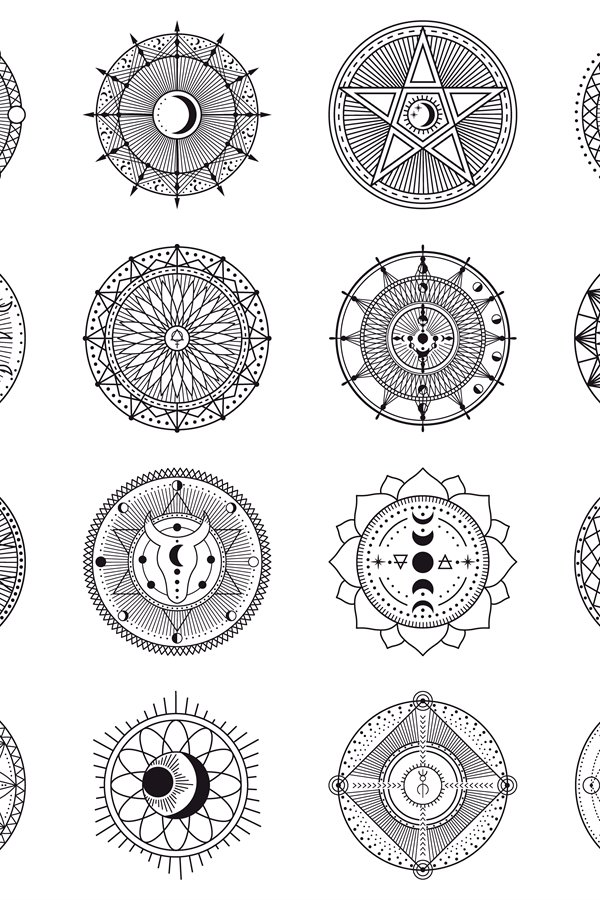 Witchcraft circular symbols. Magical spell circle