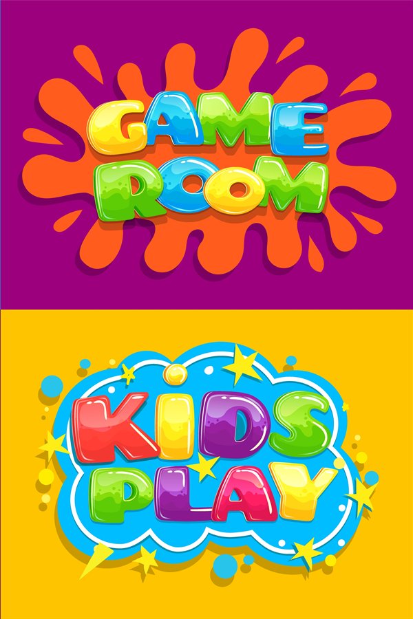 Game room posters. Fun kids playroom, games playing zone for