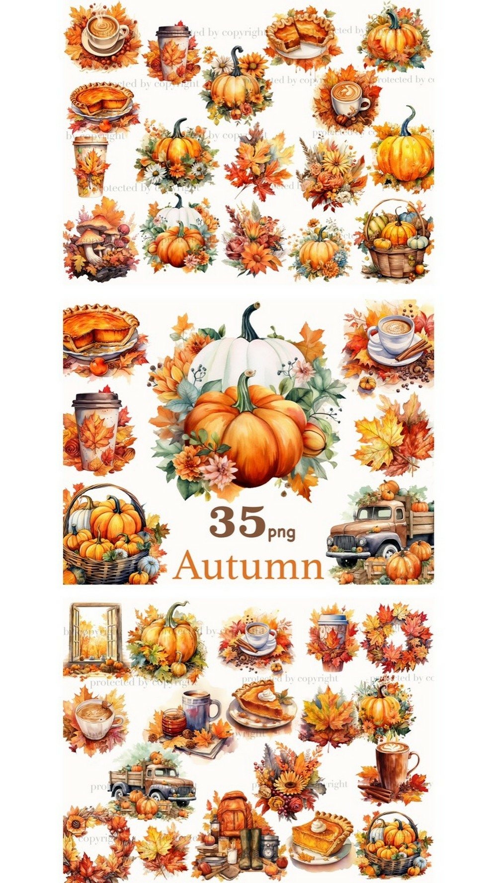 Watercolor Autumn Clipart PNG | Cozy Fall Illustration Set