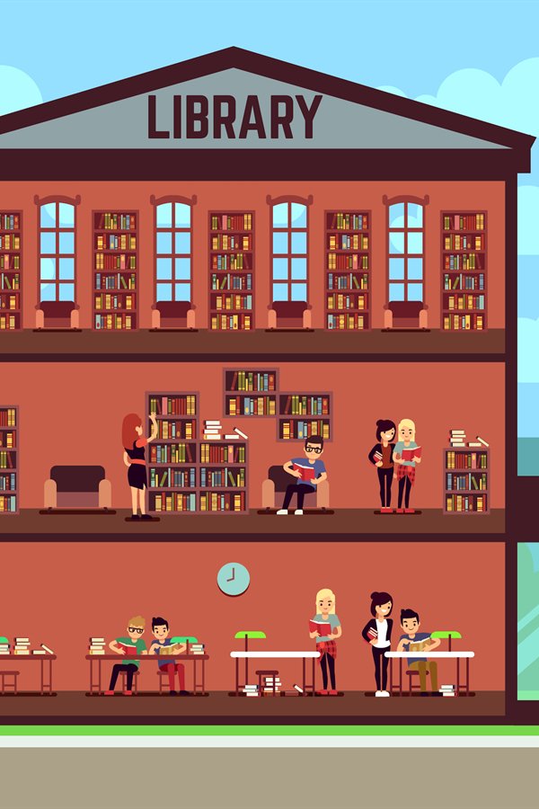 Public library concept with different students reading books