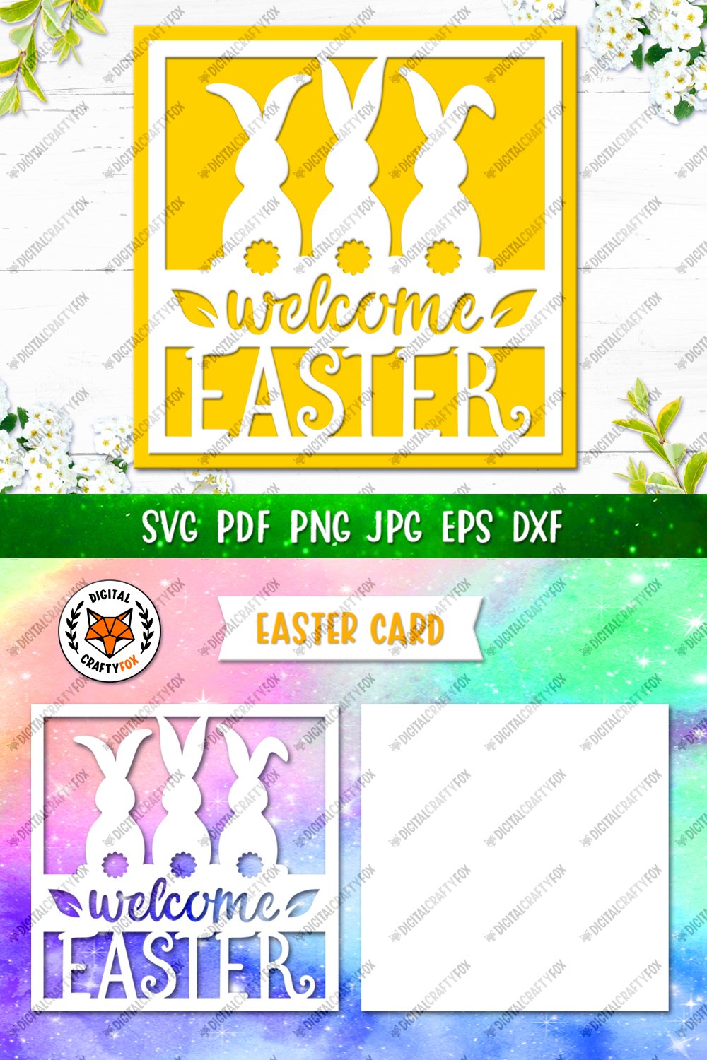 Welcome Easter Card SVG, Three Bunny Card Template