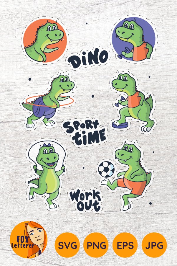 Dino clipart. Printable stickers. Sports bundle