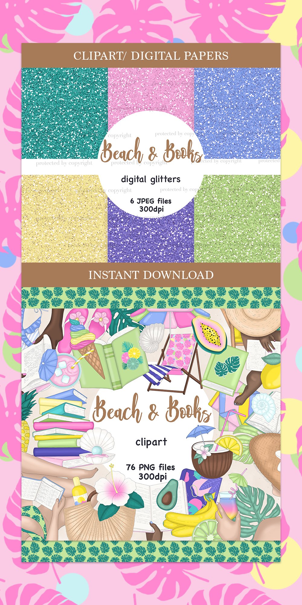 Beach Digital Paper | Rainbow Glitter Background Set