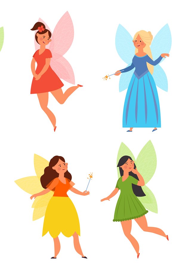 Little fairy collection. Kids fairies in dress, funny magica