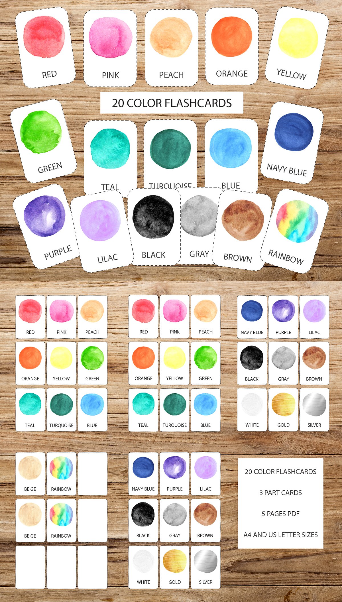 Educational Color Flashcard, 3 Part Cards Printable material
