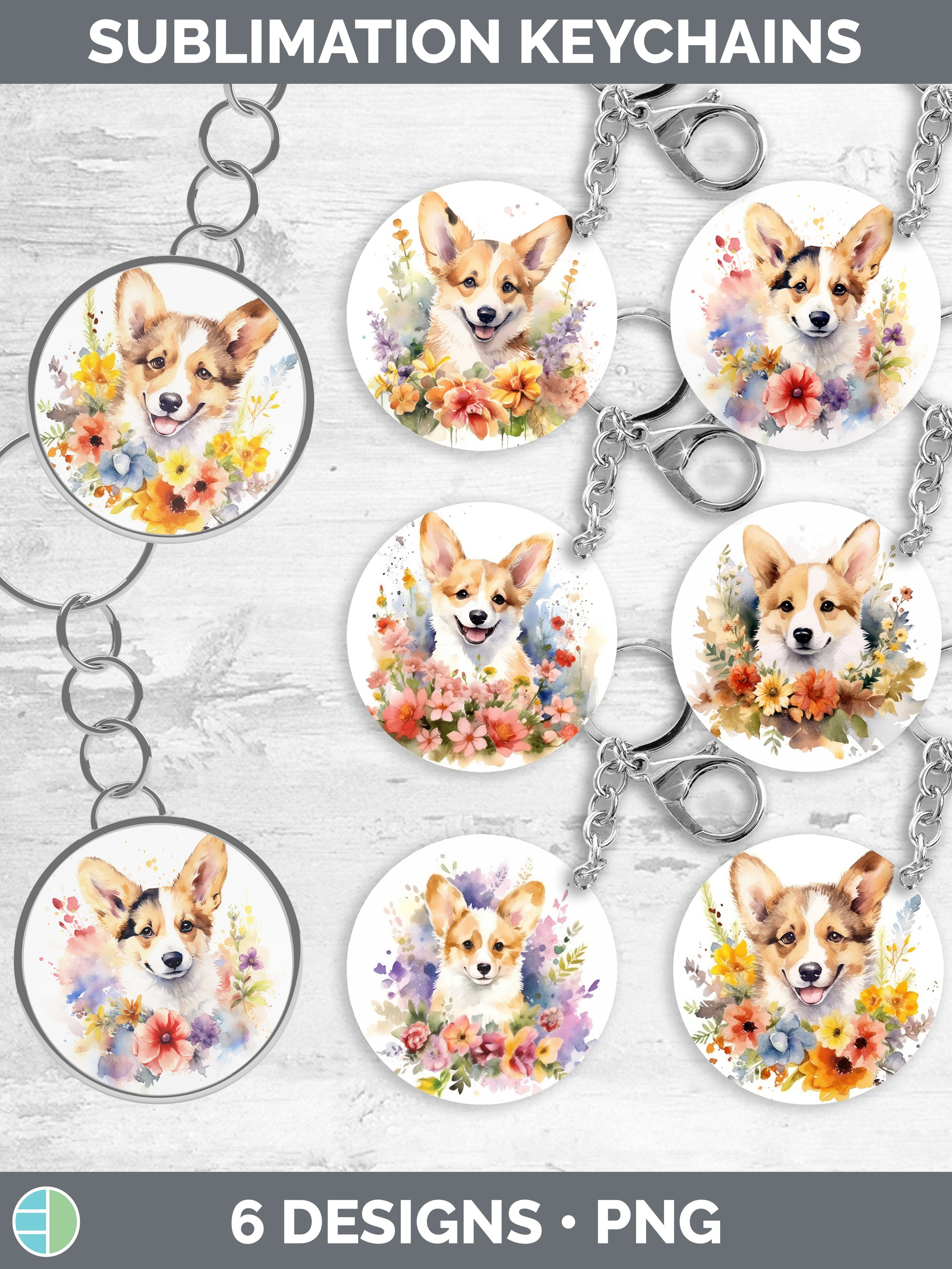 Watercolor Corgi Dog Keychain | Sublimation Keyring Designs
