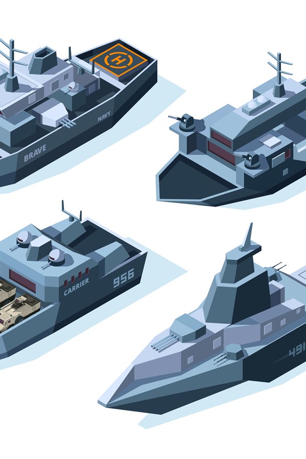 Isometric warships. Vector military boats isolated on white