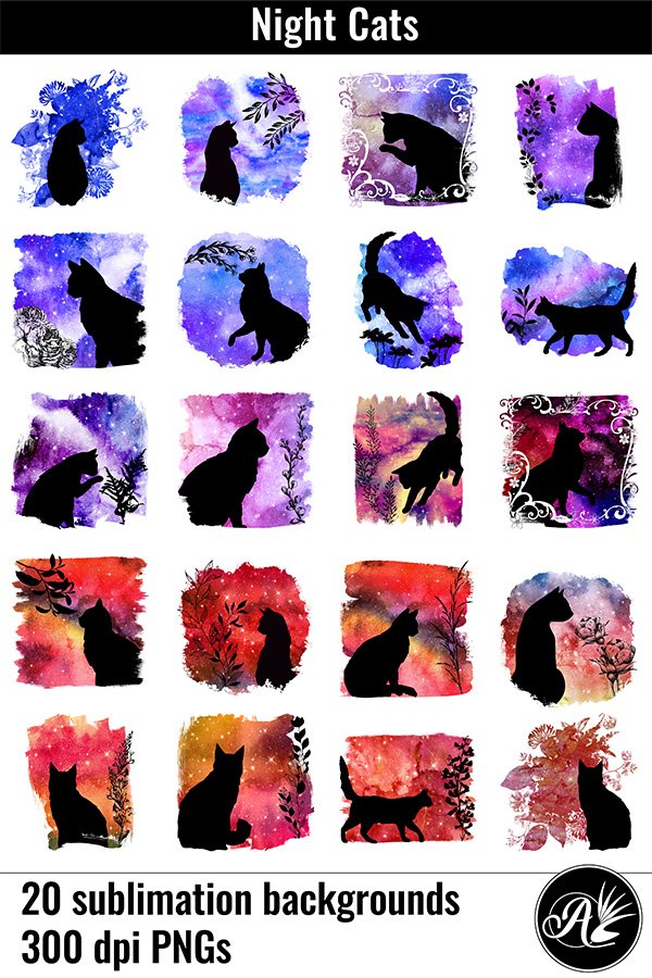 20 Night Cats sublimation bundle, 300 dpi PNGs