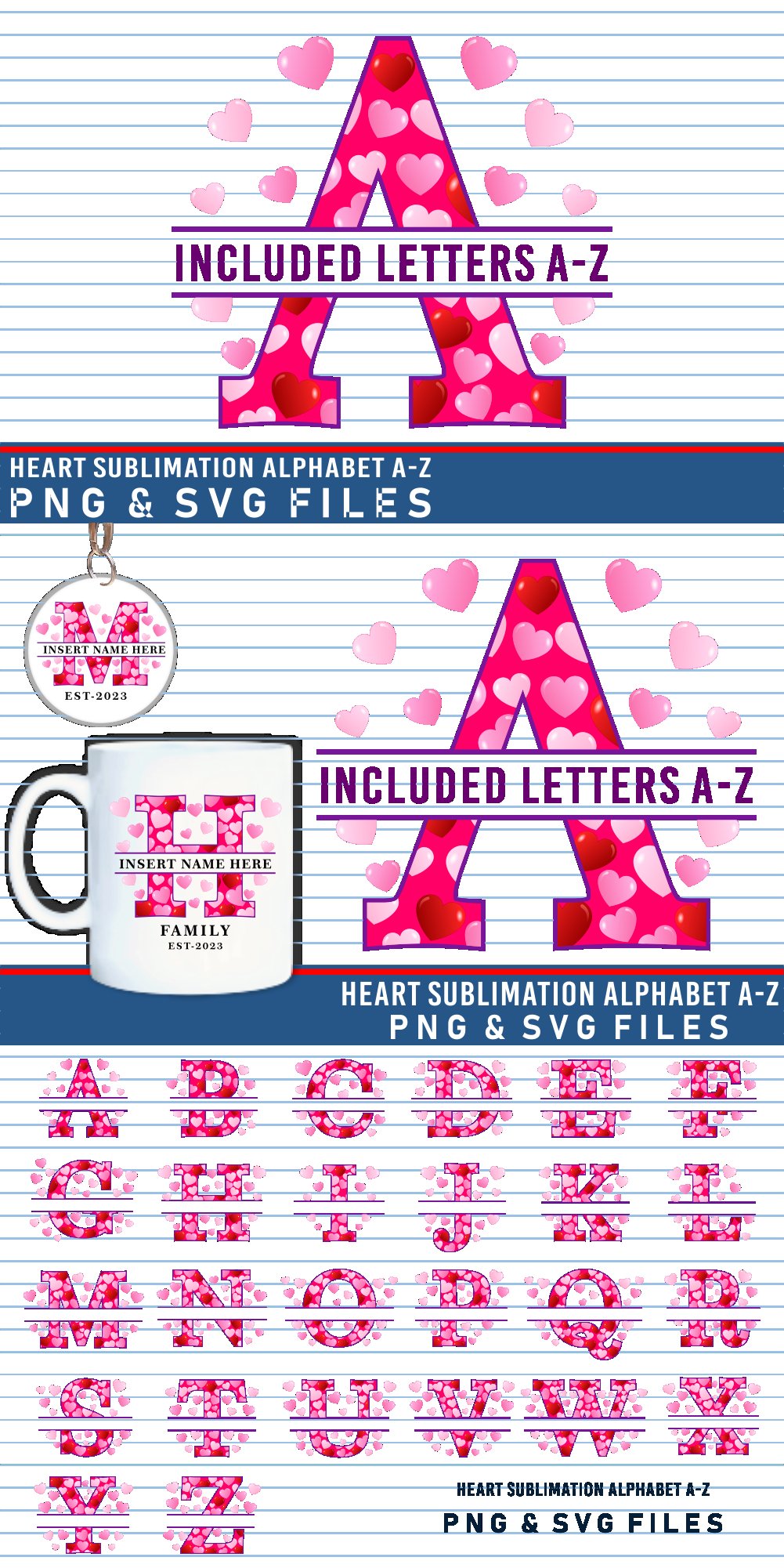Heart Sublimation Split Alphabet, Split Letters SVG