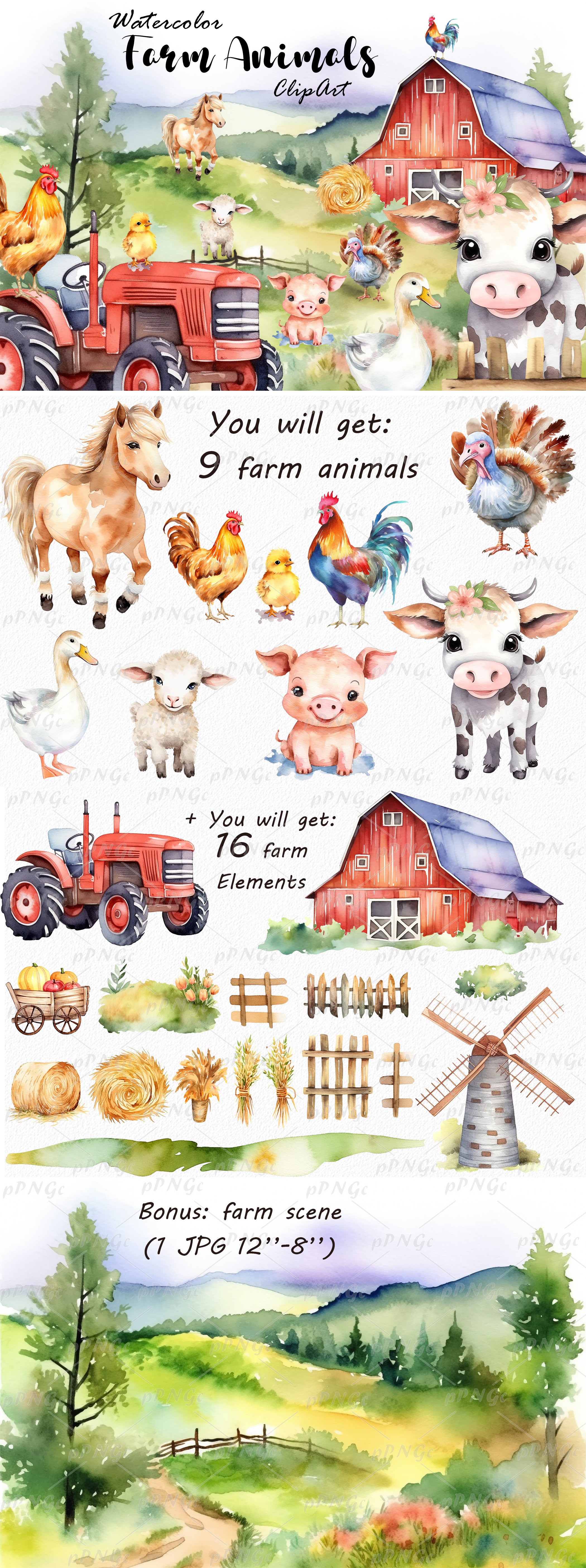Charming Watercolor Farm Animals
