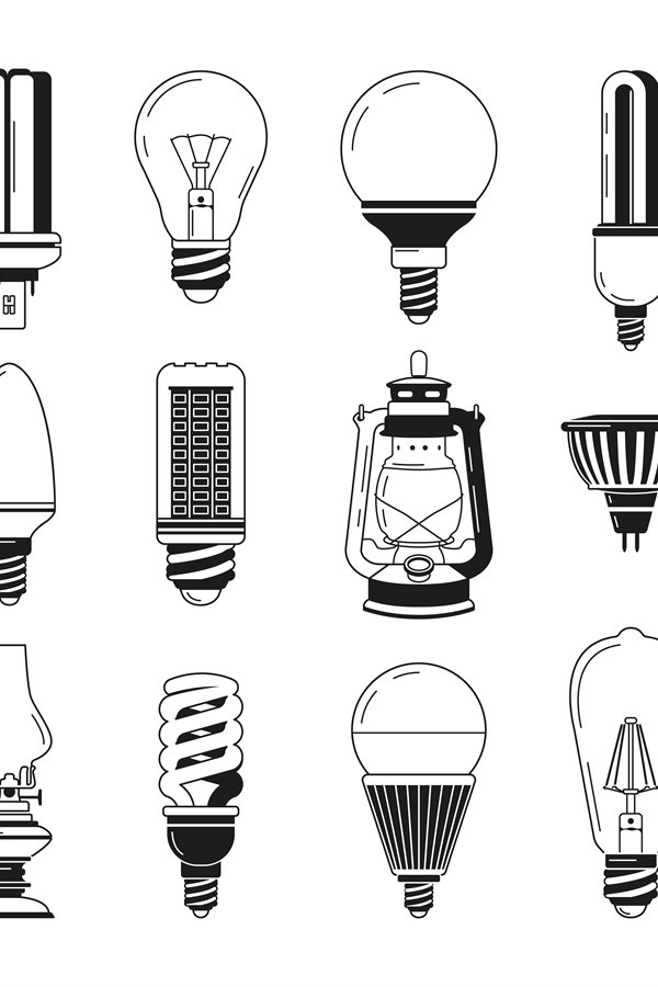 Monochrome symbols of light. Different bulbs in vector style