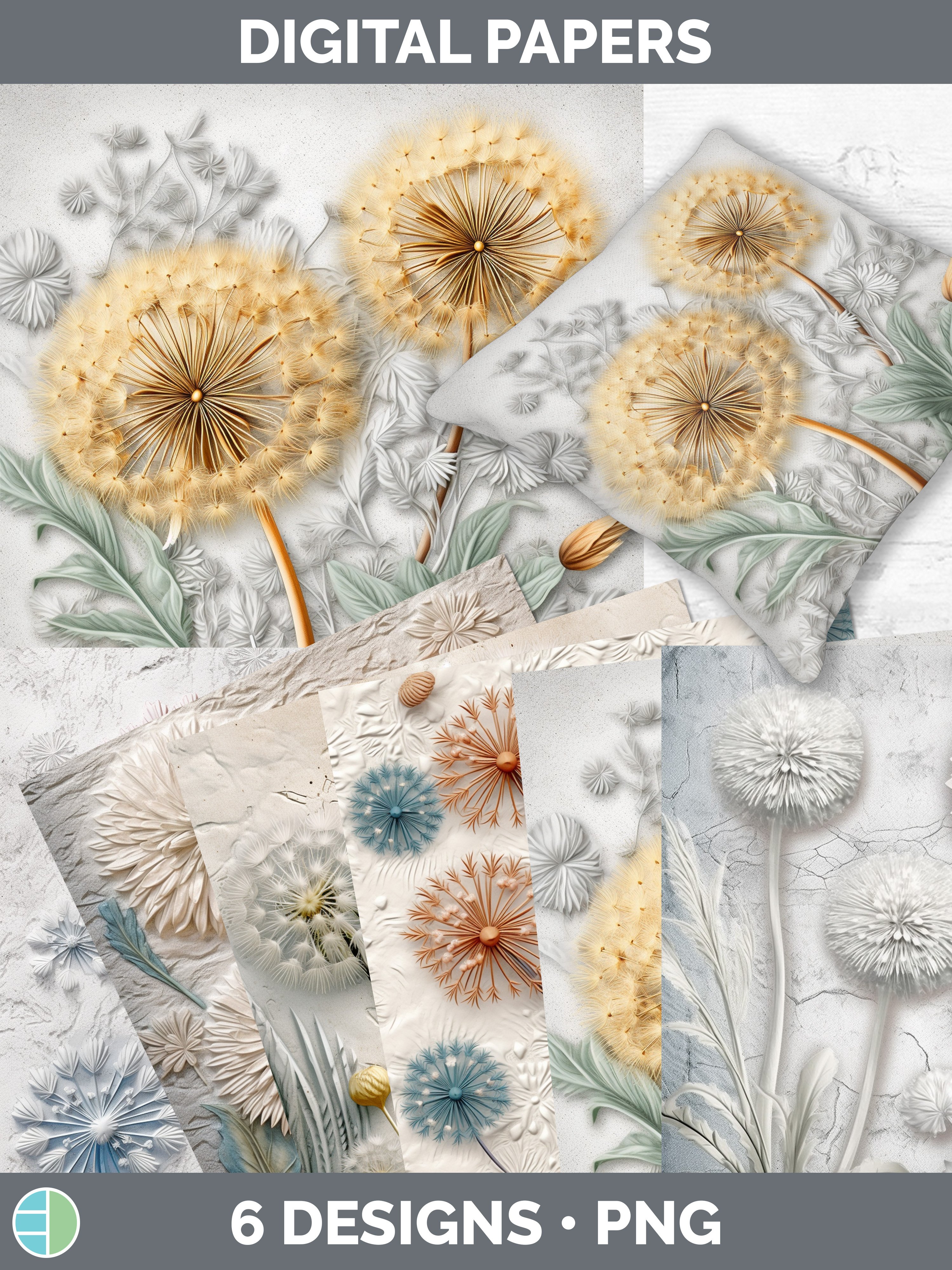 3D Dandelion Flowers Paper Backgrounds | Digital Scrapbook P