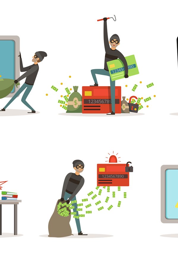 Cartoon illustrations of internet hackers. Breaking differen