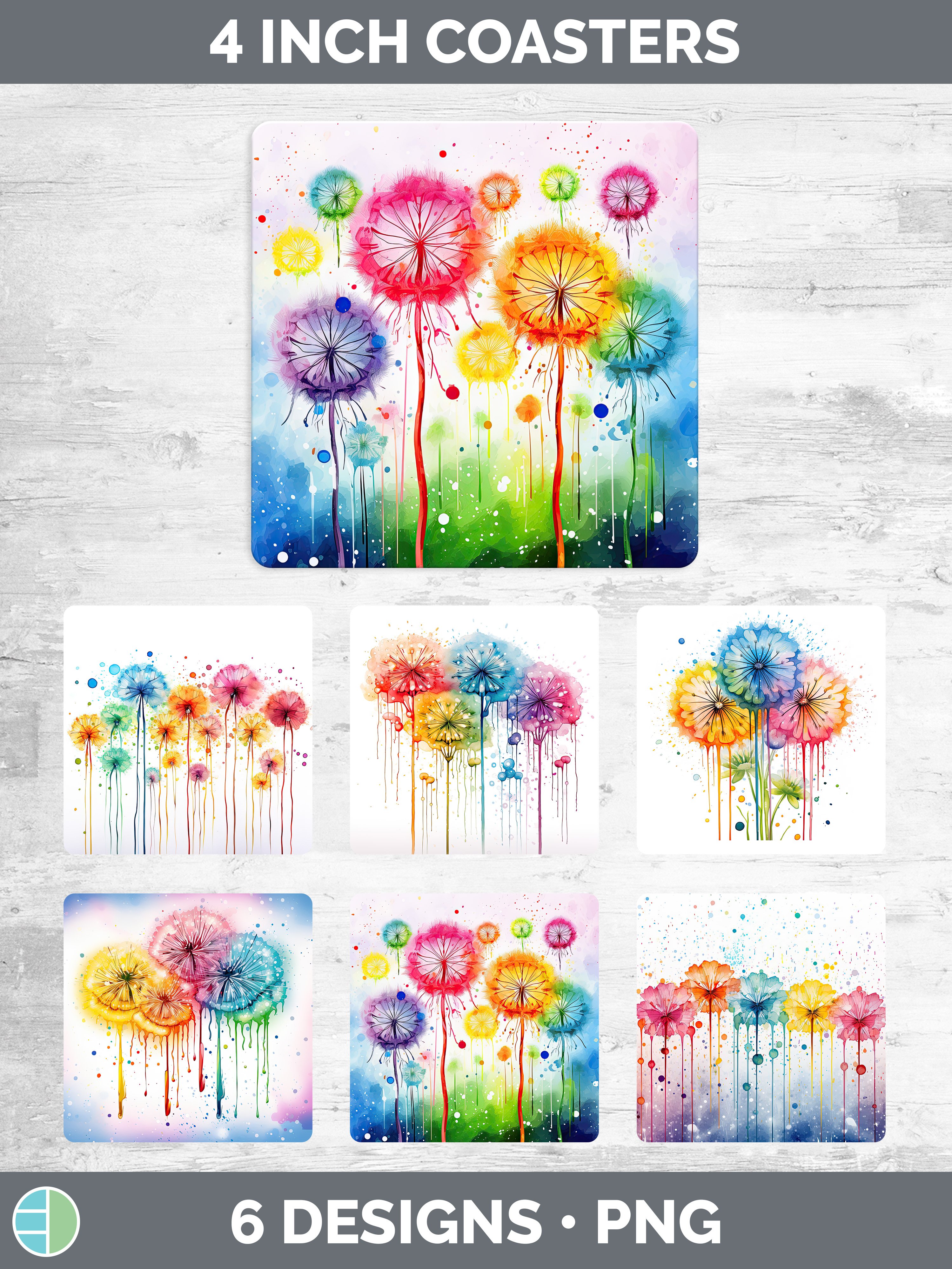 Splat Rainbow Dandelion Flowers Square Coaster | Bundle Coas