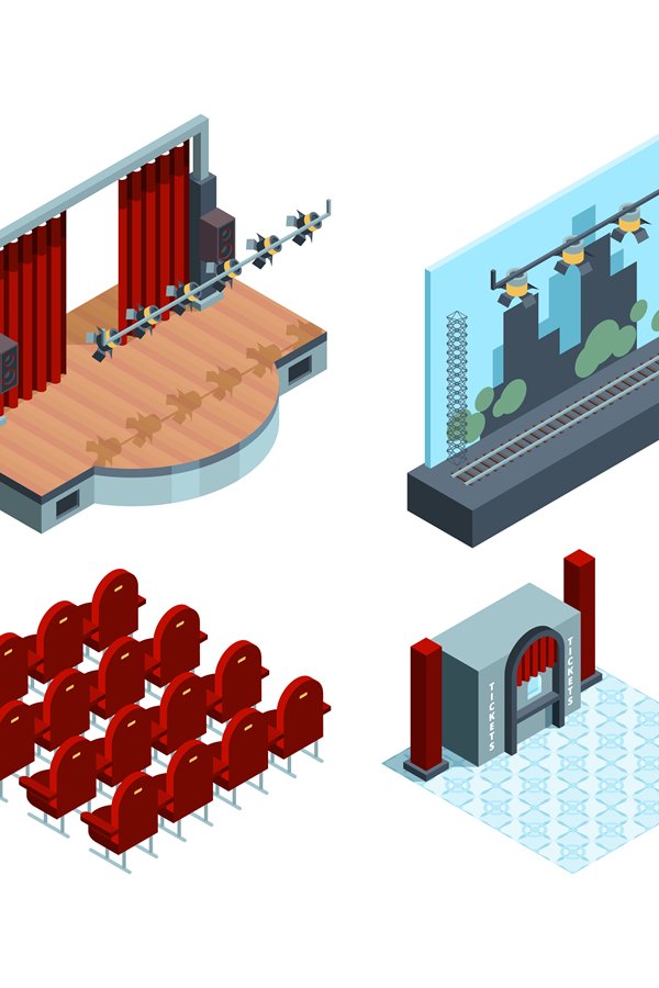 Theater stage isometric. Opera ballet hall interior red curt